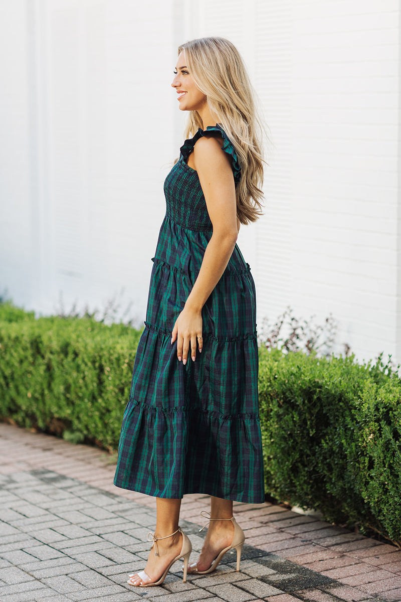 J. Marie Joyce Ruffle Strap Midi Dress in Hunter Green Gingham – THE ...