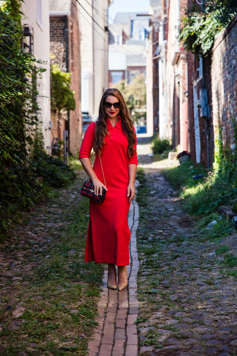 Gretchen Scott Ruff Neck Maxi Dress in Solid Crimson | Cocktail Dress ...