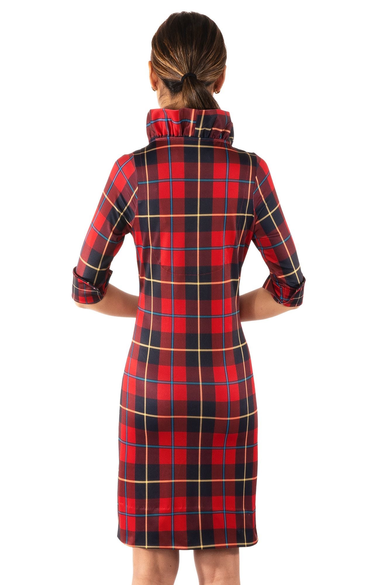 Gretchen Scott Ruff Neck Dress in Plaidly Cooper Red | Holiday Staples ...
